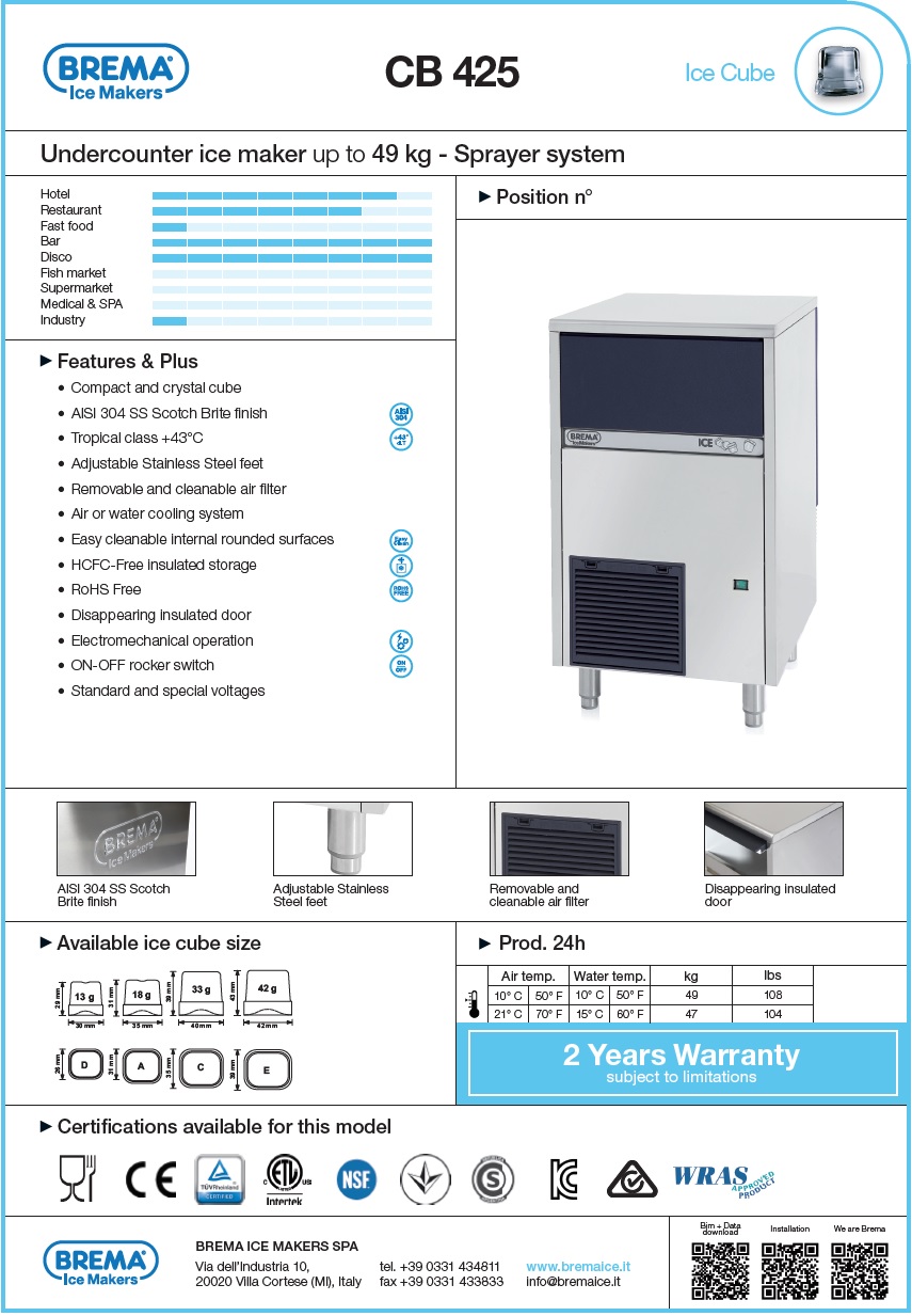 CB 425 | 49 kg. por día | Fabricadora de Hielo BREMA | Cubos - MAV